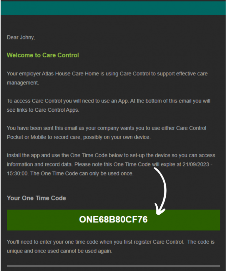 Setting up One Time Codes – Care Control Learning Hub